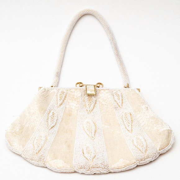 Bags | Vintage White Off White Clam Shell Hand Beaded Purse With Mother ...